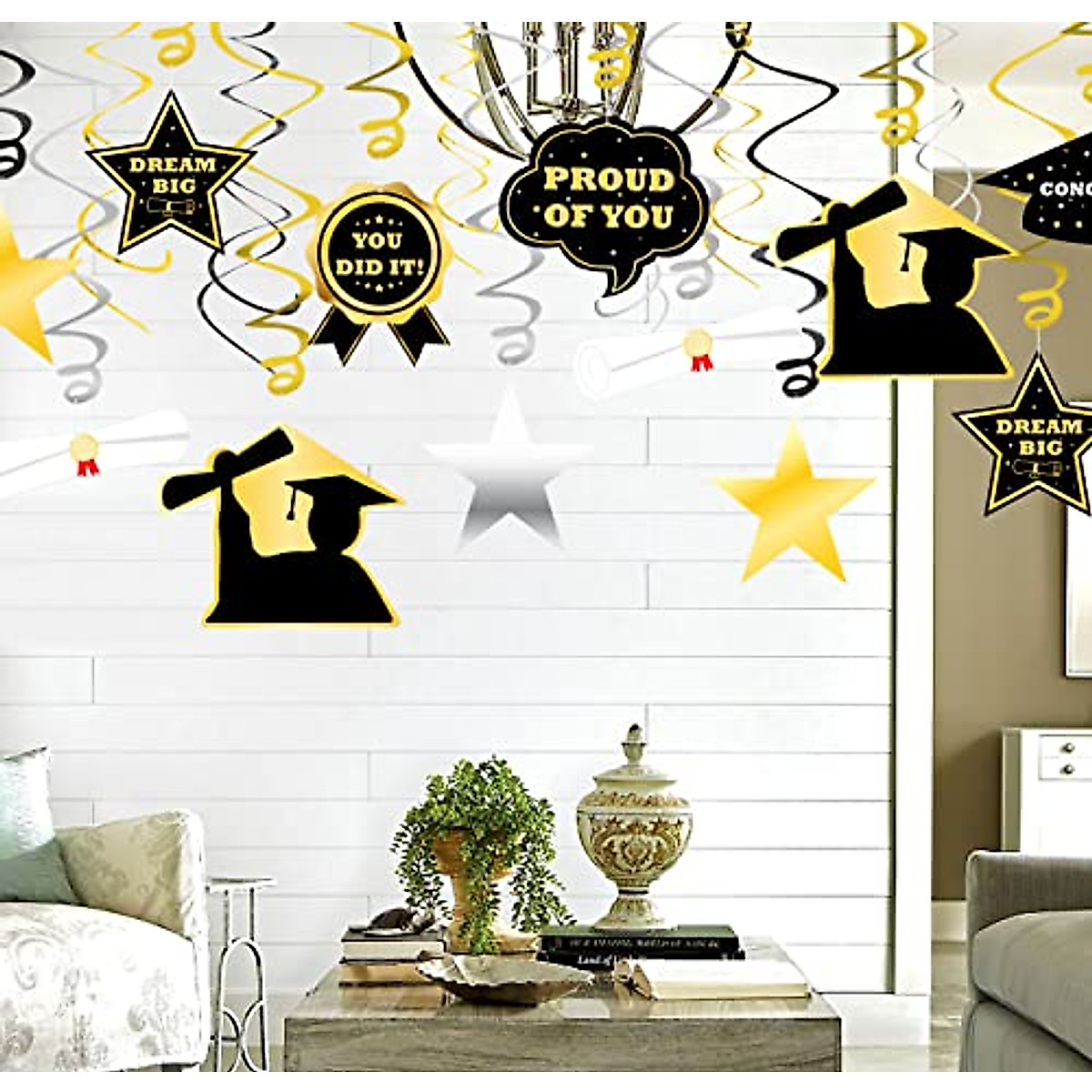 42PCS Graduation Decorations 2023 Hanging Swirls Party Supplies - Grad Star/Mortarboards/Diplomas Ceiling Foil Ornaments（Black,Silver,Gold）