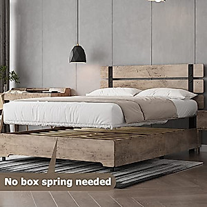 Queen Bed Frame with 4 Storage Drawers, Rustic Wooden Headboard and Footboard Platform Bed Frame with Strong Wood Slats and 9 Metal Legs Support, No Box Spring Needed, Easy Assembly, Wood-grain Brown