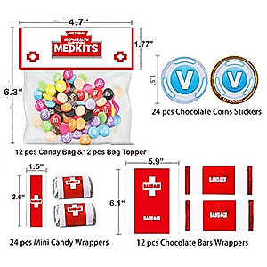 96 Pack Game Party Supplies Party Candy Decorations, 48 Pack Candy and Chocolate Bar Wrappers(2 Size), 12 Set of Candy Bags, 12 Pack Chocolate Coin Labels for Kids Game Party Favors1