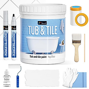 DWIL Tub Paint, Tub and Tile Refinishing Kit 35oz with Tools and 2 Grout Pen, White Bathtub Paint Water Based &Low Odor, Easy to Use Sink Paint for Bathroom Kitchen, Semi-Gloss White, 50-55sq.ft