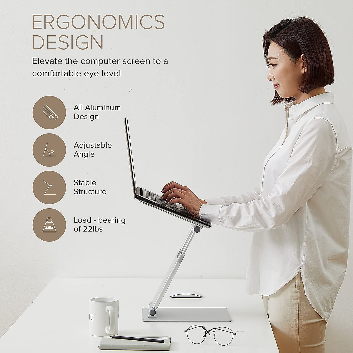 POUT - Eyes 3 Lift — Ergonomic Laptop Stand for Desk, Adjustable Height 2" to 20" — Laptop Riser Portable Laptop Stand for Laptop — Standing Desk Converter for MacBook 10"-17" Laptops (Gray)