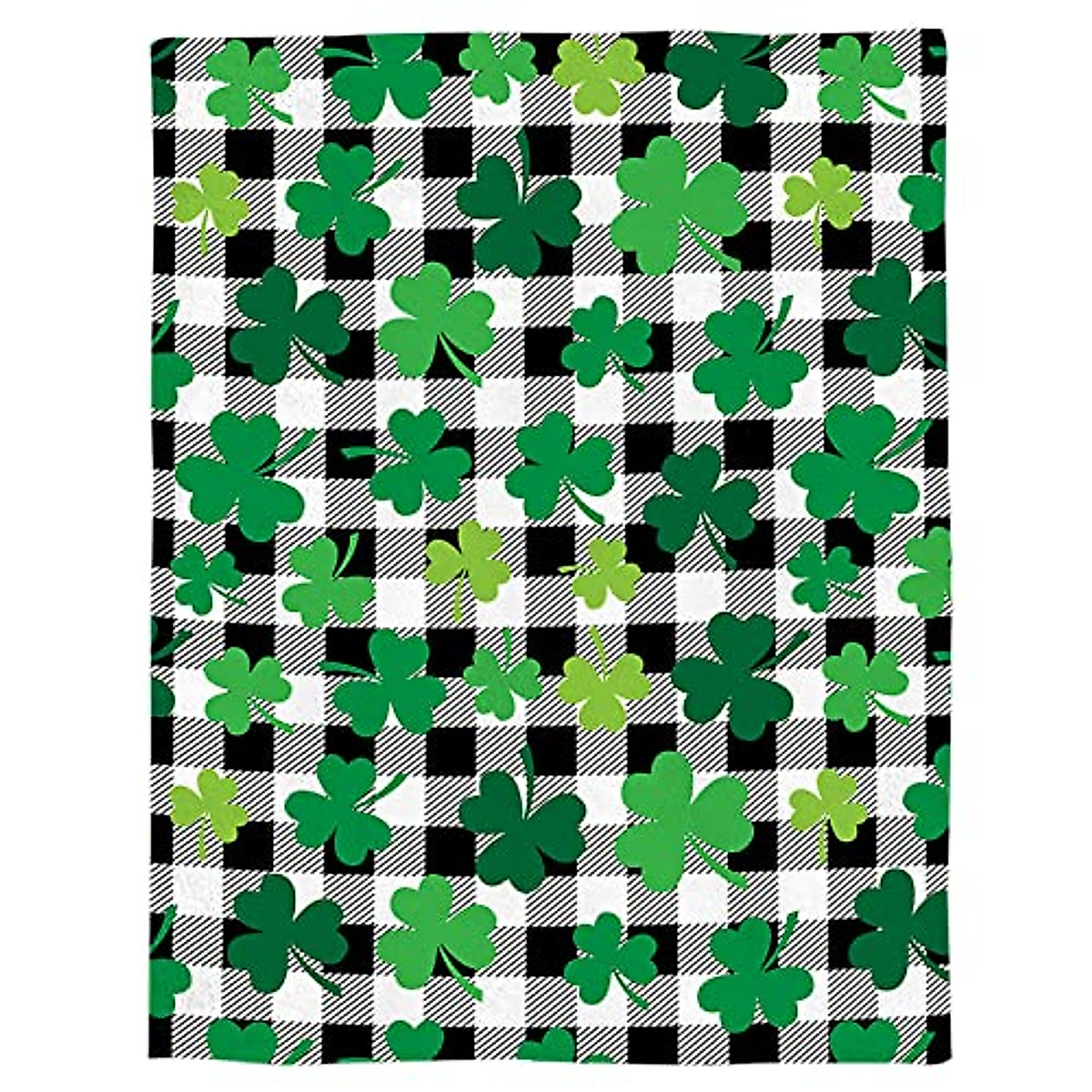 St. Patrick's Day Flannel Blanket,Soft Warm Cozy Flannel Fleece Throw Blanket, Lucky Shamrocks Black White Buffalo Plaid Fleece Blanket,Decorative Throw Blankets for Sofa Couch Bed, 39x49Inch