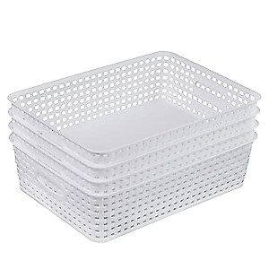 AnnkkyUS 4-Pack White Plastic Basket Trays, Rectangle Paper Storage Baskets