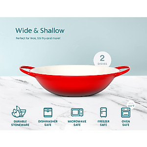 KooK Stir Fry Bowl, Wok Dish, Classic Thai, Ceramic Mini Wok, Stoneware Serving Bowls, For Soups and Pastas, Oven, Dishwasher and Microwave Safe, Cherry Red, 40 oz, Set of 2