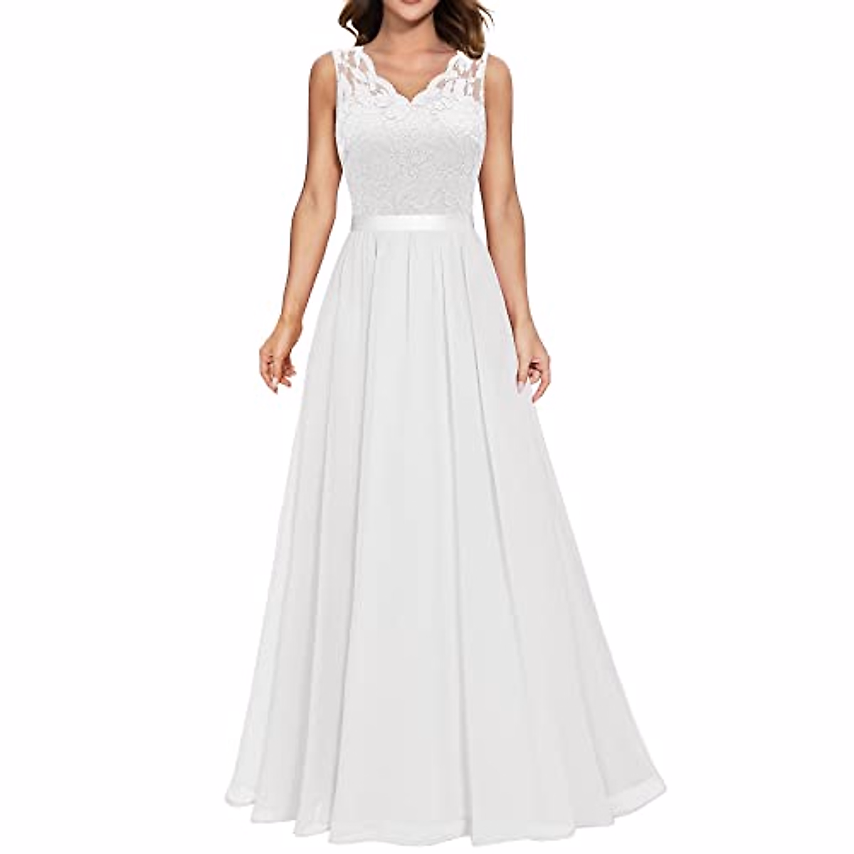 Daisyaner Women's Formal Floral Lace V-Neck Formal Dresses Evening Party Elegant Maxi Dress for Wedding Guest White L