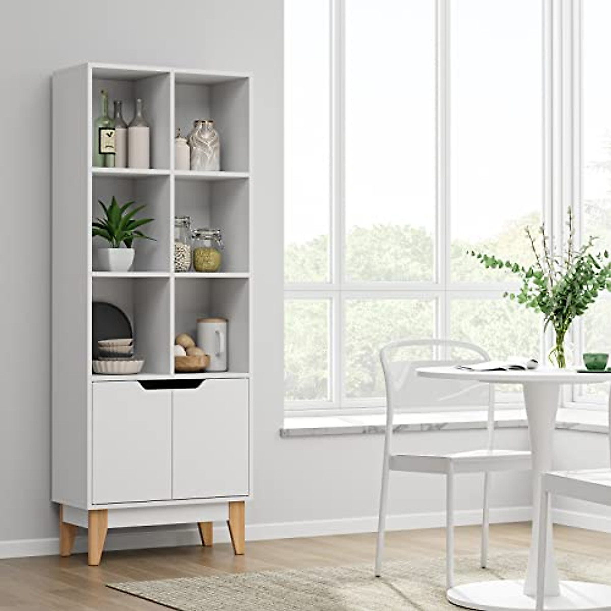 FOTOSOK Modern Bookcase with Doors, 3-Tier Tall Bookshelf Storage Cabinet with 6 Cubes and 4 Pine Legs, Freestanding Standard Display Book Shelves for Living Room Bathroom Home Office, White