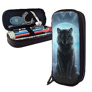 Funny Faux Leather Pencil Pouch Pen Case,Cool Wolf Moon Waterproof Pencil Box Bag Large Capacity Pencil Organizer Marker Pen Case with Zipper for Teen Boys Girls