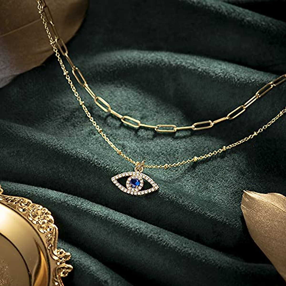 PPJew Layered Evil Eye Necklace 18K Gold Plated Blue Third Eye Layering Chocker Necklace Protection Mal De Ojo Nazar Amulet Jewelry Gift for Women Mother（Gold）