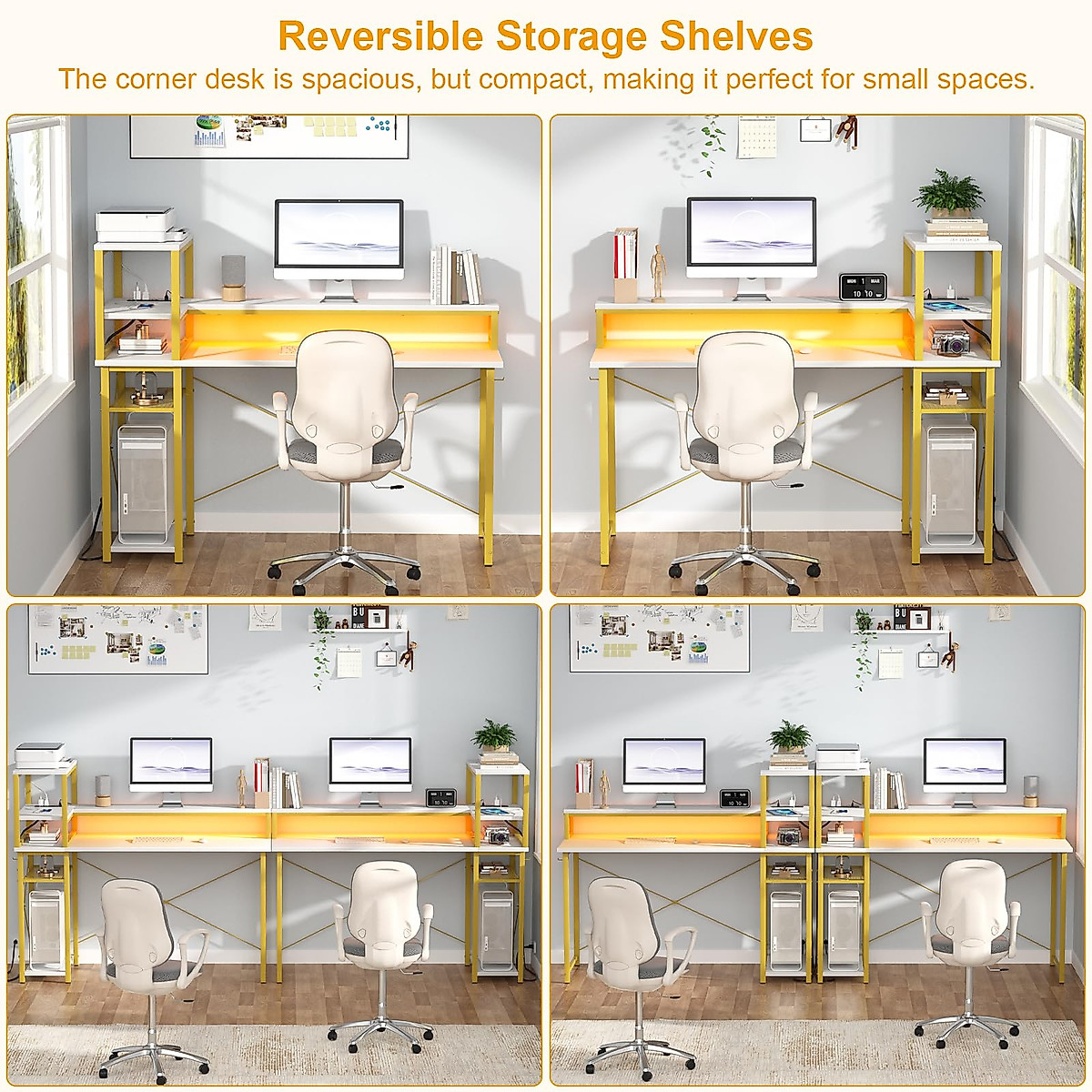Cyclysio Gaming Desk 47", Computer Desk with Reversible Storage Shelves, Home Office Desk with Power Outlets & RGB Led Lights, Small Desk for Gaming, Studying, Working White