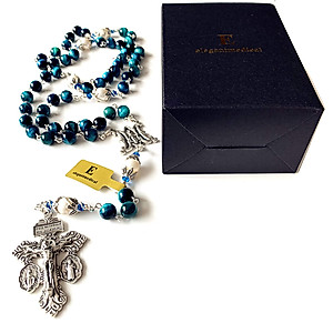 elegantmedical HANDMADE Peacock Blue Tiger Eye Prayer Beads & (AAA) 10mm real Pearl sterling silver beads caps Catholic Rosary Necklace Gift Box Italy Parden Crucifix