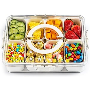 Plastic Divided Serving Tray with Lid and Handle Snack Box Charcuterie Container Portable Snack Platters Organizer for Candy, Fruits, Snacks, Nuts, for Party, Entertaining, Picnic (8 compartments)