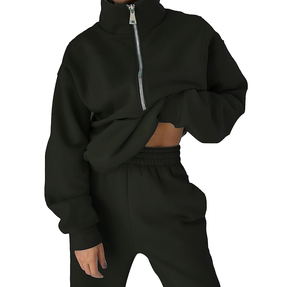 Kissonic Womens Two Piece Outfits Tracksuit Sets Half Zipper Fleece Joggers 2 Piece Long Sleeve Sweatshirts Jogger Pant(Black-L)