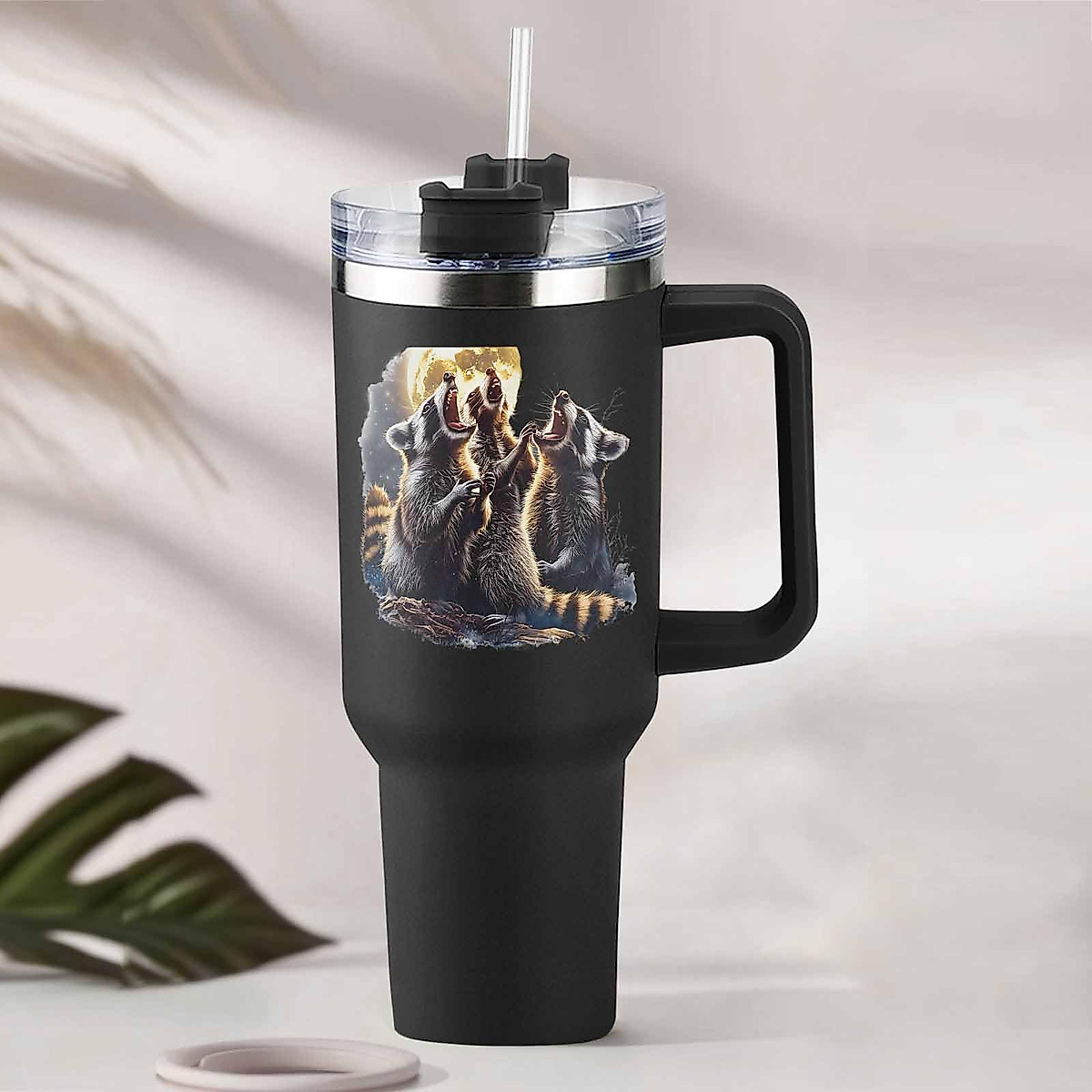40 Oz Insulated Tumbler with Handle and Straw,Three Little Raccoon Stainless Steel Vacuum Insulated Travel Mug,Leak-proof Water Bottle Iced Coffee Cup,The Moonlight Animal