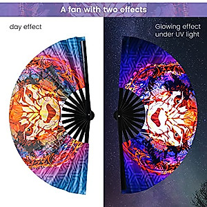 TRENDBOX Large Folding Hand Fan, UV Glow Fan for Rave, Festival Folding Hand Fan for Women Men with Velvet Bag for Decorations, Party, Dance and Music Festival - Wolf