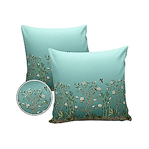 Pack of 2 Waterproof Outdoor Pillow Covers, Floral and Birds Decorative Throw Pillow Covers Square Pillowcases Cushion Covers for Patio Garden 16x16 Inch Abstract Art Ombre Blue and Green