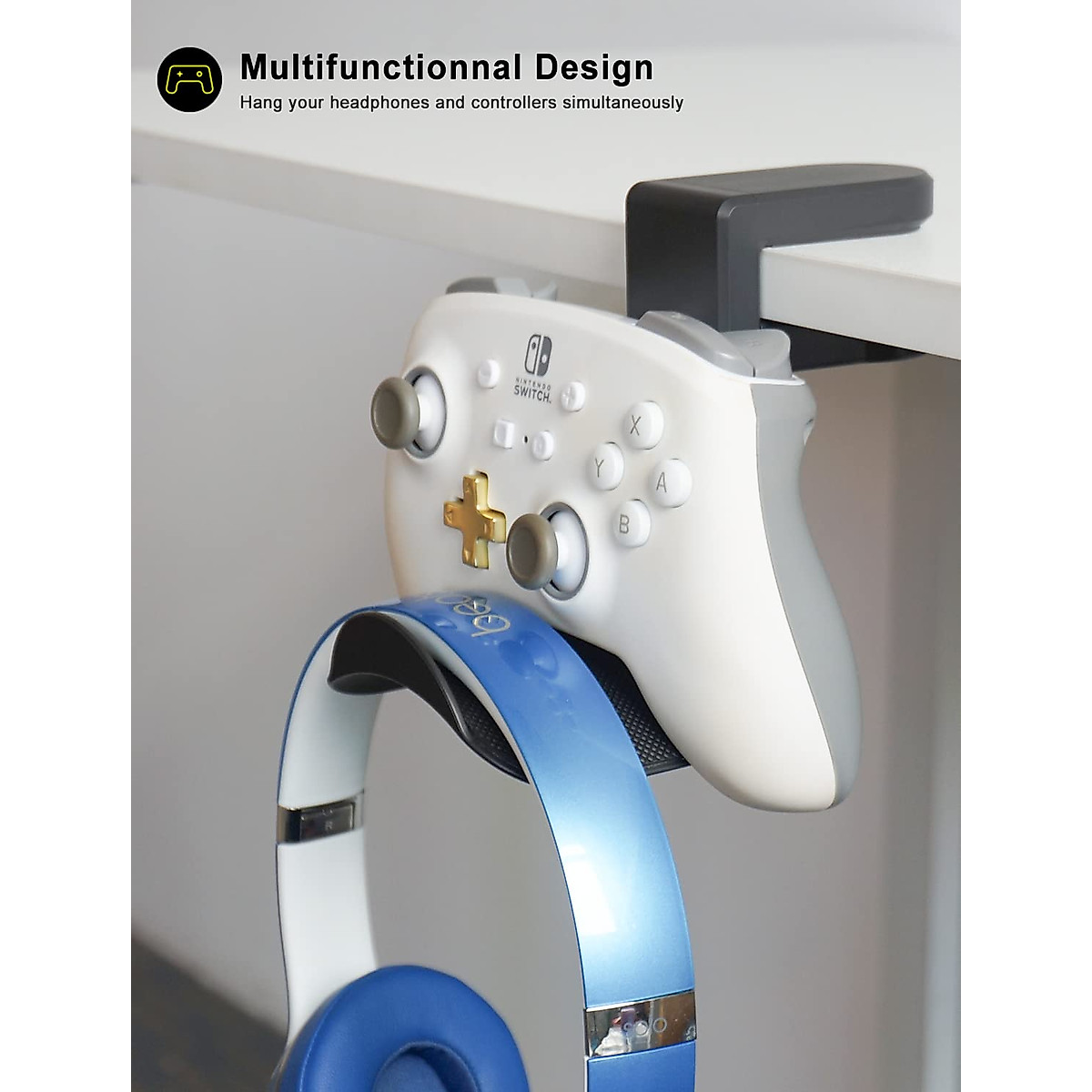ETOWIFA Headphone Holder Hanger Upgraded with Rotating & Adjustable Clamp for Controller & Headphones, Headset Stand Under Desk Hook Mount Built in Cable Clip