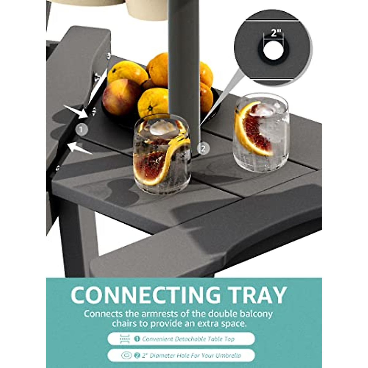 KINGYES Balcony Chair Tall Adirondack Chair Set of 2 Outdoor Adirondack Barstools with Connecting Tray - Patio Stools Weather Resistant for Deck Balcony Pool Backyard, Gray