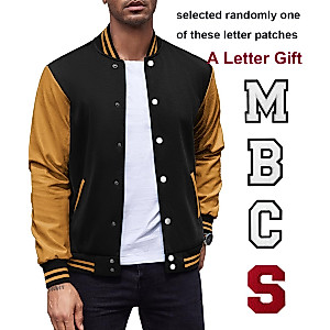 COOFANDY Mens Varsity Bomber Jackets Leather Varsity Letterman Jacket Letter A Winter Black-Yellow Medium