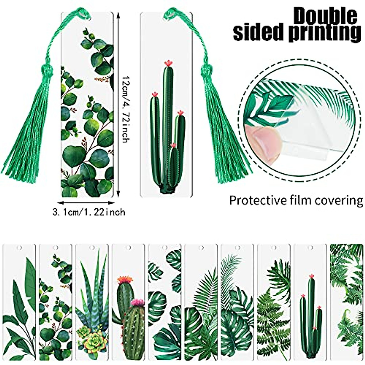 10 Pcs Bookmarks with Tassels Acrylic Bookmarks Resin Plant Bookmark with 10 Pieces Green Tassels Plant Reading Transparent Bookmark for Women Teacher Kids Book Lovers