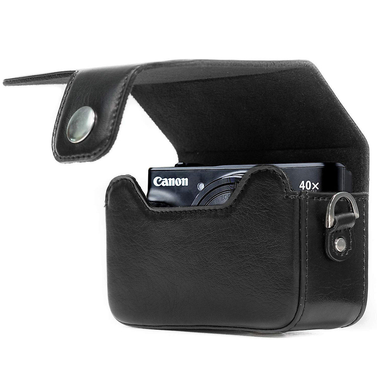 MegaGear Leather Camera Case with Strap Compatible with Canon PowerShot SX740 HS, SX730 HS, Black