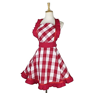 Hyzrz Lovely Retro Aprons for Women with Pocket Cotton Cooking Mother's Day Apron Dress Gift (Red Grid)