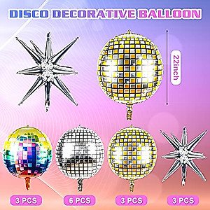 15 Pcs Disco Balloon Kit Disco Ball Party Decorations 4D Large 22 Inch Round Mirror Balloons and Silver Explosion Star Foil Balloons for 70s 80s Disco Theme Bachelorette Party Decorations Supplies