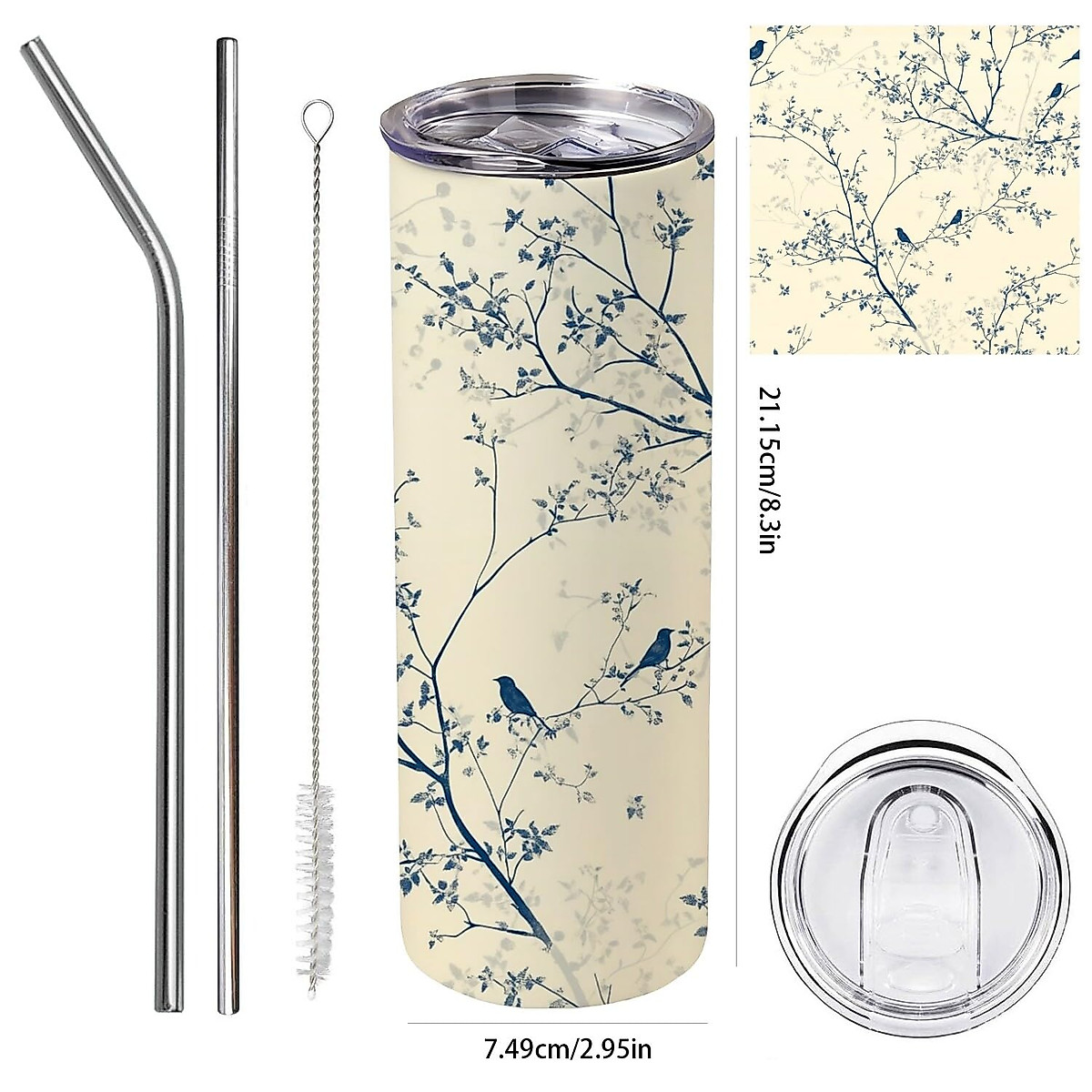 Medpol Flower and bird tumbler with lid and straw 20 oz insulated tumbler cups Minimally printed flower and bird insulated travel coffee mugs for women cute sippy cups stainless insulated travel cups
