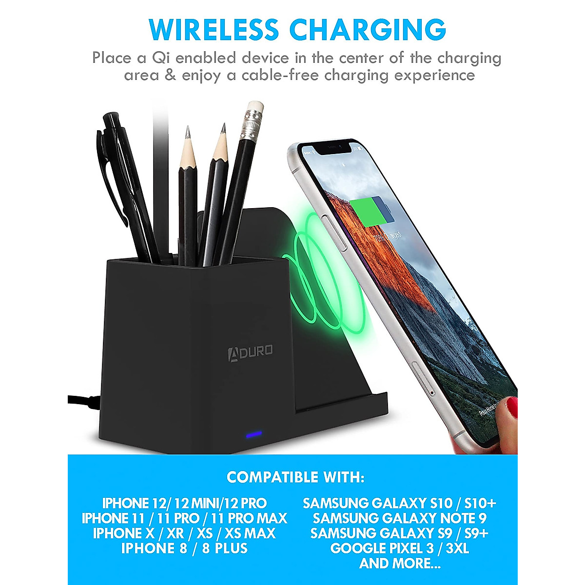 Aduro U-Light LED Desk Lamp Organizer Desk Light with Pen Holder & QI Wireless Charger Stand Black