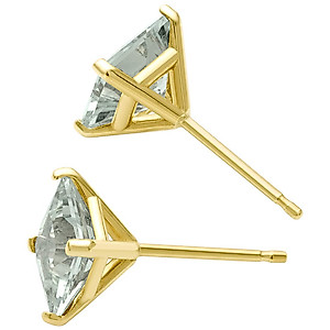 Peora 14K Yellow Gold Green Amethyst Stud Earrings for Women, Genuine Gemstone Solitaire Princess Cut, 6mm, 2 Carats total, Friction Back