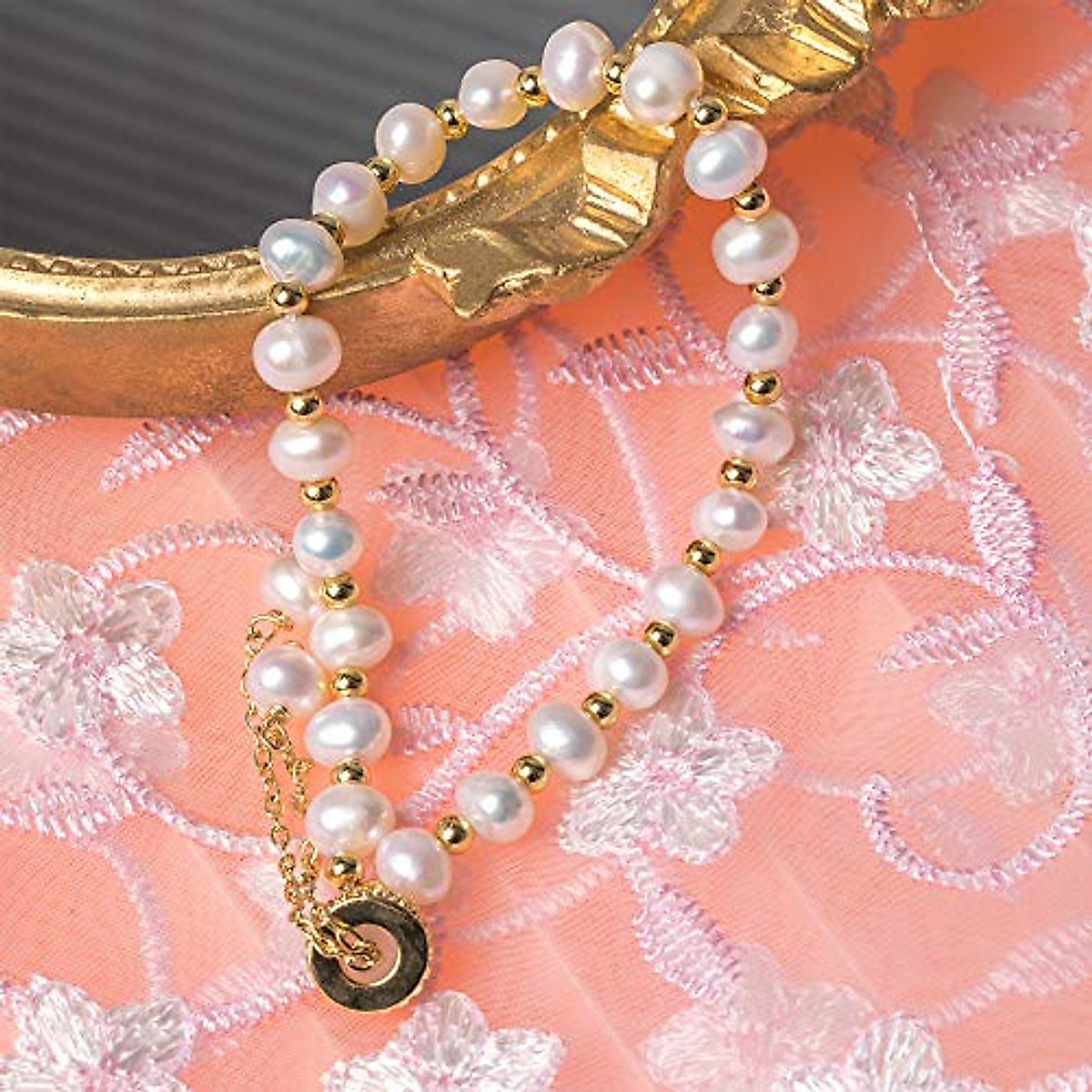 Cowlyn Pearl Bracelet Chain Link Baroque Culture Bossimi 14K Gold Filled Adjustable Fashion Valentine Charm Dainty Handmade Jewelry for Women Wife Girls Mother（with Gift Box）