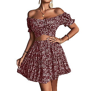 LYANER Women's 2 Piece Outfits Floral Off Shoulder Tie Up Crop Top and Mini Skirt Set Wine Red Floral Small