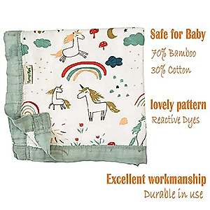Muslin Soft Swaddle Blankets, Muslin Quilt Baby Blanket for Boy Girl Toddler Daycare, Multiple Layer Swaddle Wrap, 70% Bamboo 30% Cotton, Practical Size 43X45inchs (Rainbow Unicorn)