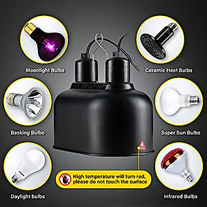 Simple Deluxe Reptile Lamp Fixture Aluminum Dome Light Dual Deep Cap Integration Design Heat-Lighting Lamp Double Sockets Bulbs Holder with Independent Switches, for Terrarium, Turtle Tank, Black
