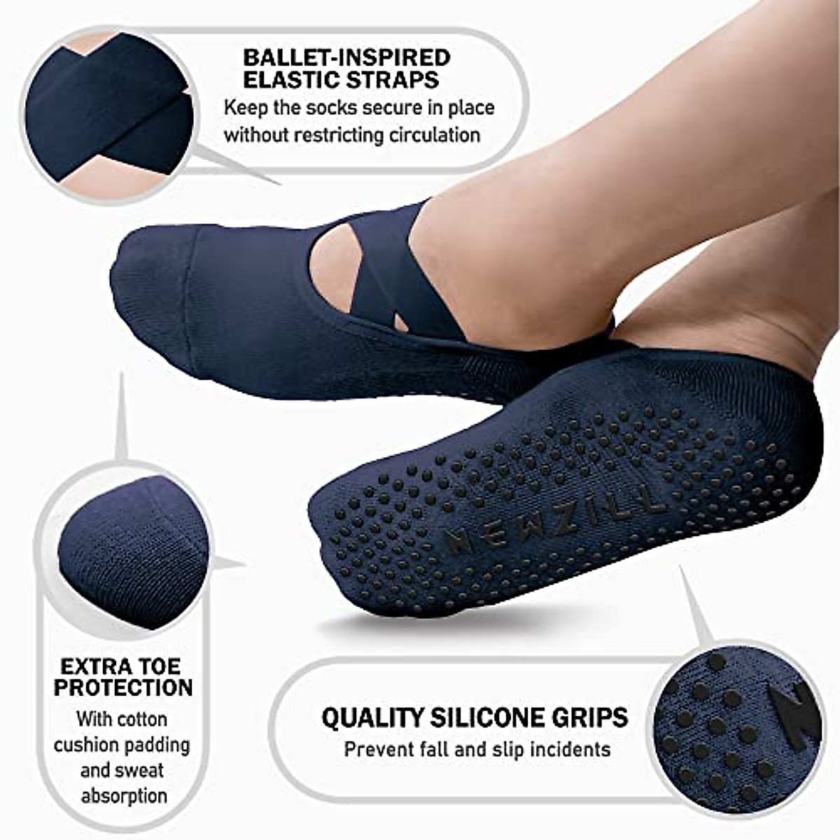 NEWZILL Yoga Socks for Women Non-Slip Grips & Straps, Ideal for Pilates, Pure Barre, Ballet, Dance, Barefoot Workout (3 Pairs-Red/Blue/Brown)
