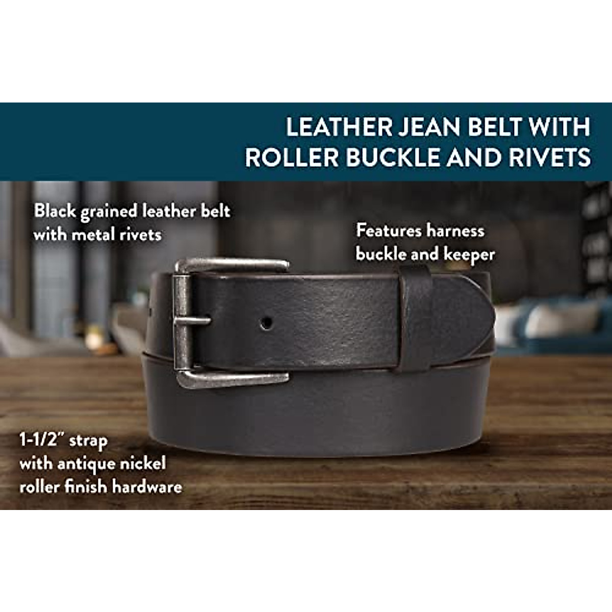 Lucky Brand Men Casual Leather Belt, Roller Buckle with Rivets-Black, 34