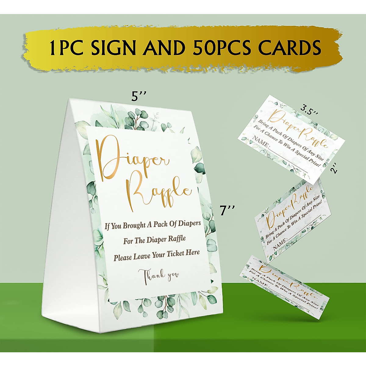 Diaper Raffle Sign,Diaper Raffle Baby Shower Game Kit (1 Standing Sign + 50 Guessing Cards),Greenery Insert Ticket,Baby Showers Decorations,Card for Baby Shower Game to Bring a Pack of Diapers-XN30