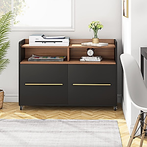 Tribesigns 2 Drawer File Cabinet Rolling Filing Cabinets for Home Office Black lateral File Cabinet Wood File Cabinet for Letter Size, Printer Stand with Rolling Wheel and Open Storage Shelves