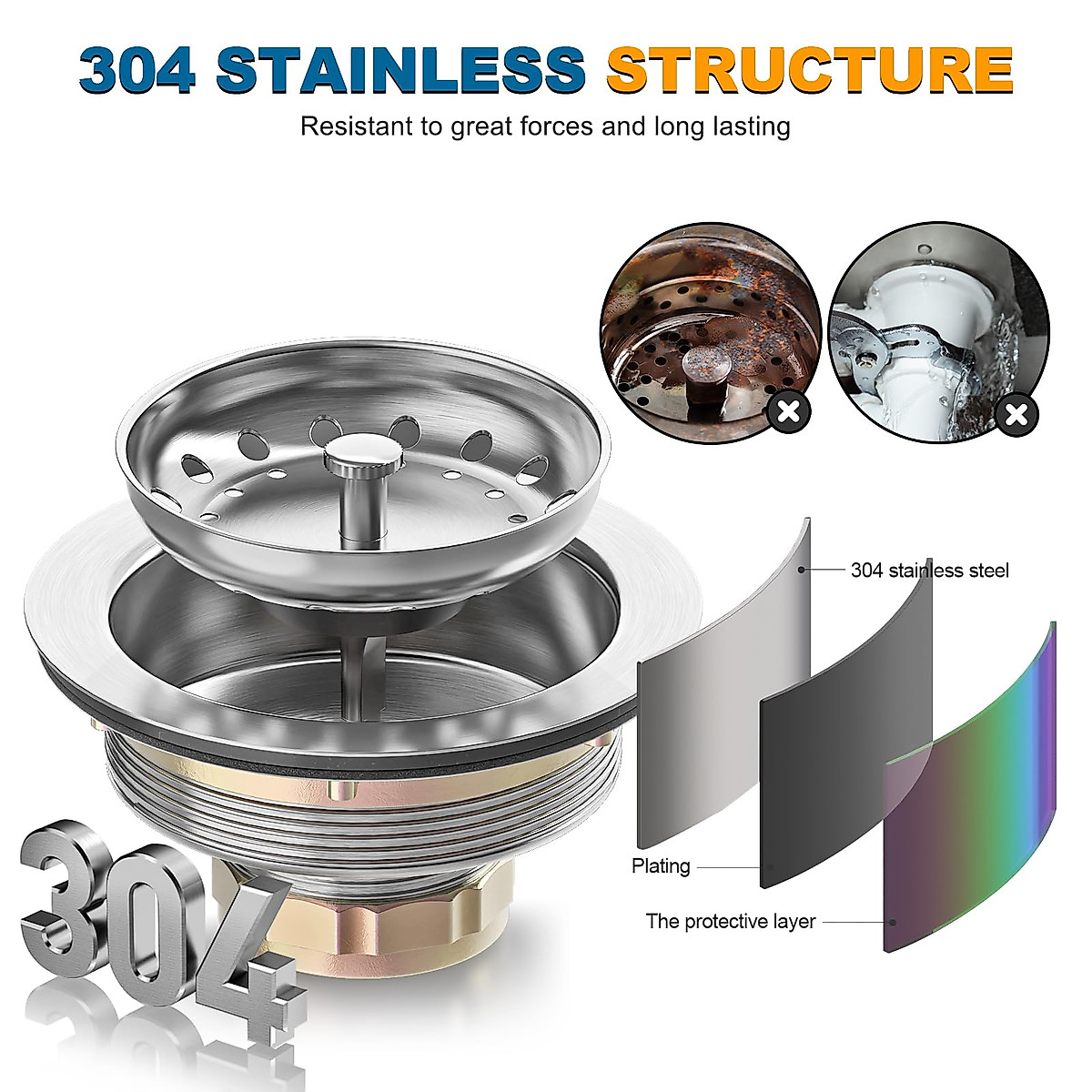 BOTEMY Stainless Steel Sink Drain Strainer Kit 3-1/2 inch Kitchen Drain Assembly with Metal Center Knob Basket Stopper Replacement for Standard Kitchen Sinks, Brushed