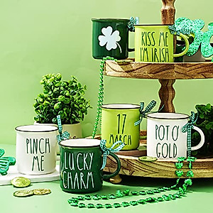 Whaline 6Pcs St. Patrick's Day Mini Coffee Mug with Ribbon Shamrock St. Patrick's Day Mini Mug Green White Lucky Clover Tiered Tray Decor for Irish Holiday Table Centerpieces Decor Housewarming Gift
