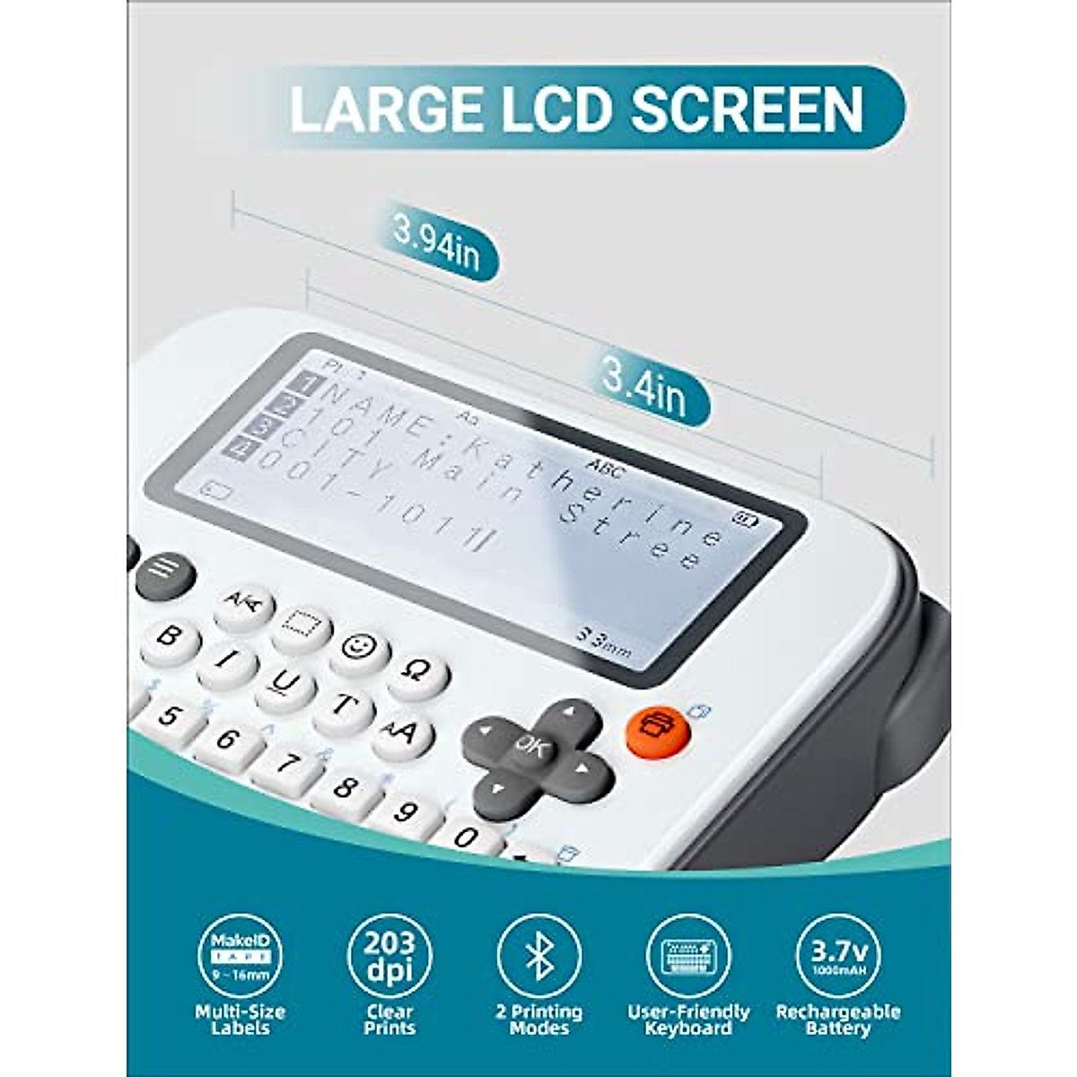 Makeid E1 Label Maker - Bluetooth Compatible Thermal Printer - QWERTY Keyboard Portable Label Maker, 4.42" Large LCD Screen - Prints 9/12/16mm Waterproof Label Tapes - Includes 13.3' Tape, USB Cable