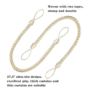 BEL AVENIR Curtain Ropes Tiebacks Tie-Backs, Curtain Handmade Holdbacks with 2 Metal Screw Hooks (Beige, 2pack)