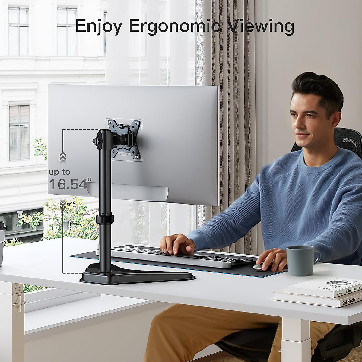 HUANUO Single Monitor Stand, Free Standing Monitor Desk Stand for 13 to 32" Computer, Height Adjustable Monitor Mount Full Motion Swivel VESA 75x75mm/100x100mm Heavy Duty Steel Base up to 17.6 lbs