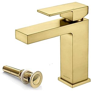 Brushed Gold Bathroom Faucet Single Hole, Modern Brass Bathroom Sink Faucet, Orlando Single Handle Vanity Faucet with Pop-up Drain Assembly and Supply Line, Brushed Gold