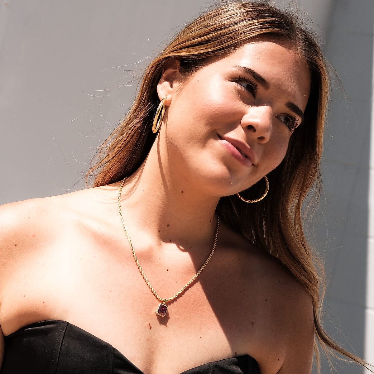 Baguette Stone Rope Necklace Roman Rope Statement Necklace | Gold Rope Chain Baguette Pendant Necklace | 18K Gold Plated Chain 20''-22'' Adjustable (Ruby CZ)