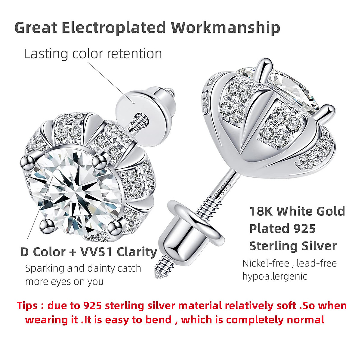 Diamond Stud Earrings for Women Men Gifts for Wife Soulmate Mom Girlfriend Moissanite Earrings 2Ct Anniversary Jewelry Present for Wife, Birthday Valentines Gifts (Luxury 4 Pointed)