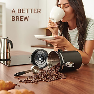 Coffee Canister Airtight Coffee Container - Stainless Steel Coffee Storage for Beans, Grounds, Tea, Sugar - Coffee Containers with Date Tracker, Scoop, CO2 Valve Filters, Large Coffee Jar 22oz, Black