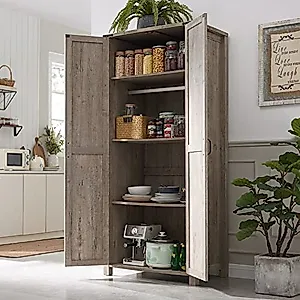 OKD Storage Cabinet, 32'' Farmhouse Armoire w/Adjustable Shelves, Rustic Pantry w/2 Barn Doors & Hanging Rod, Versatile Storage for Kitchen, Bathroom, Laundry, or Utility Room, Light Rustic Oak