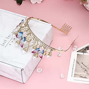 Makone Girls Tiara Butterfly Princess Crown with Comb Gold Pearl Headband Rhinestone Hair Accessories for Halloween Birthday Wedding Bridal Prom Christmas Gifts