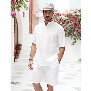COOFANDY 2 Pieces Linen Outfits For Men White Short Sleeve Henley Shirt and Shorts Summer Beach Yoga Matching Sets