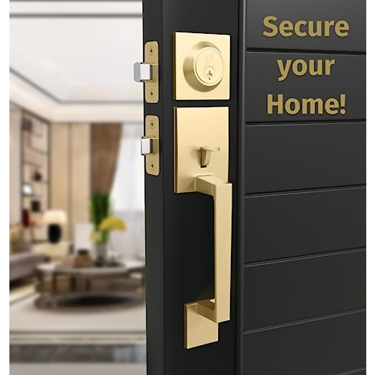 Mega Handles Gold Entry Door Handleset - Single Cylinder Handleset with Lever for Entrance and Front Doors - Modern Door Handles with Design for Left and Right-Handed Doors - Straight Handle